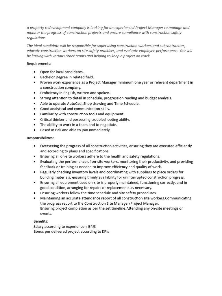 Project Manager - Property Redevelopment | PDF