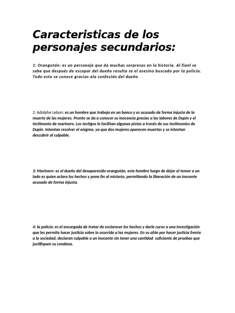Caracteristicas de Los Personajes Secundarios Trabajo de Lenguaje | PDF