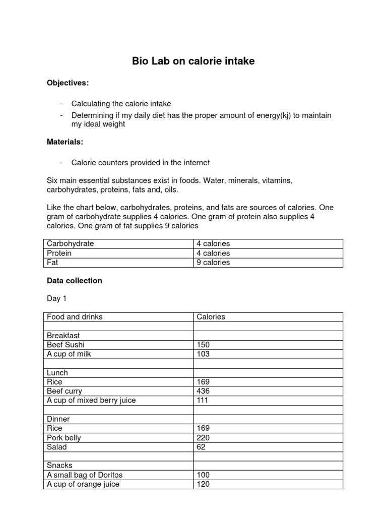Bio Lab On Calorie Intake | PDF | Dieting | Calorie