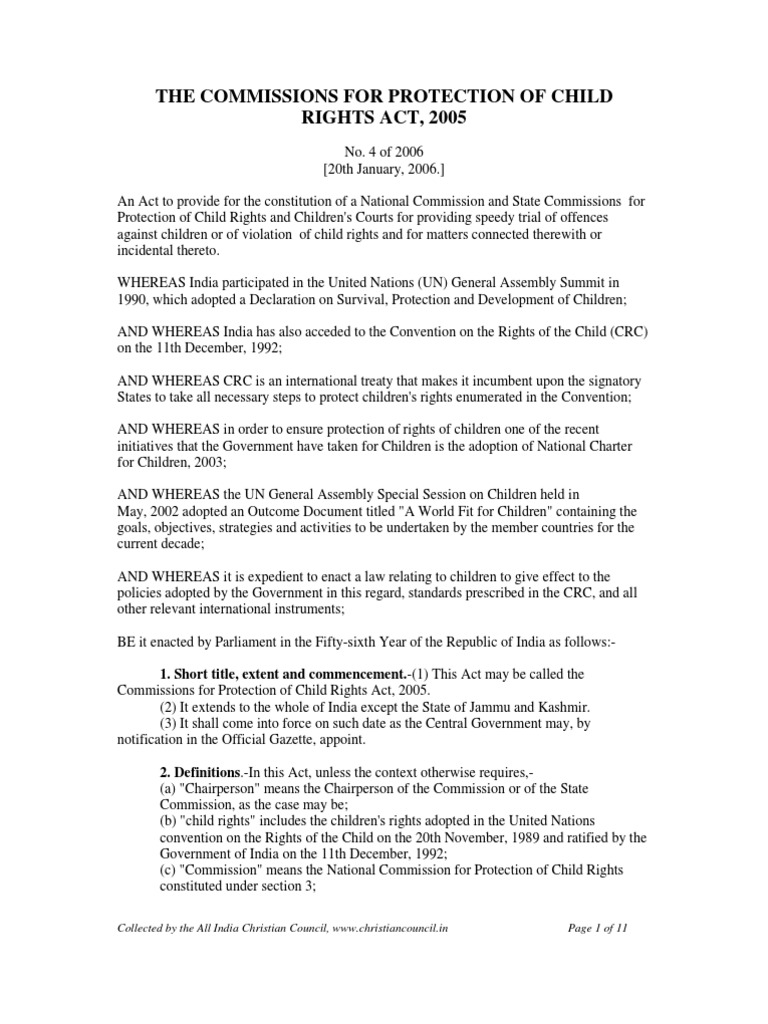 Commissions For Protection of Child Rights Act 2005 | PDF | Children's ...