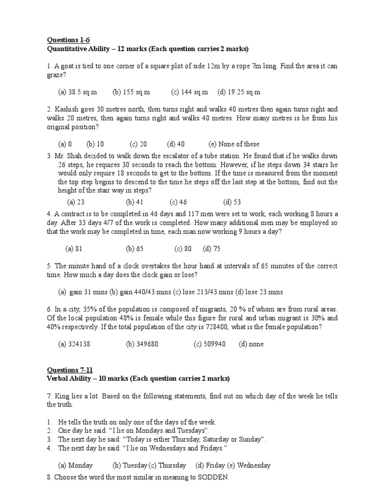 Questions 1-6 Quantitative Ability - 12 Marks (Each Question Carries 2 Marks) | PDF