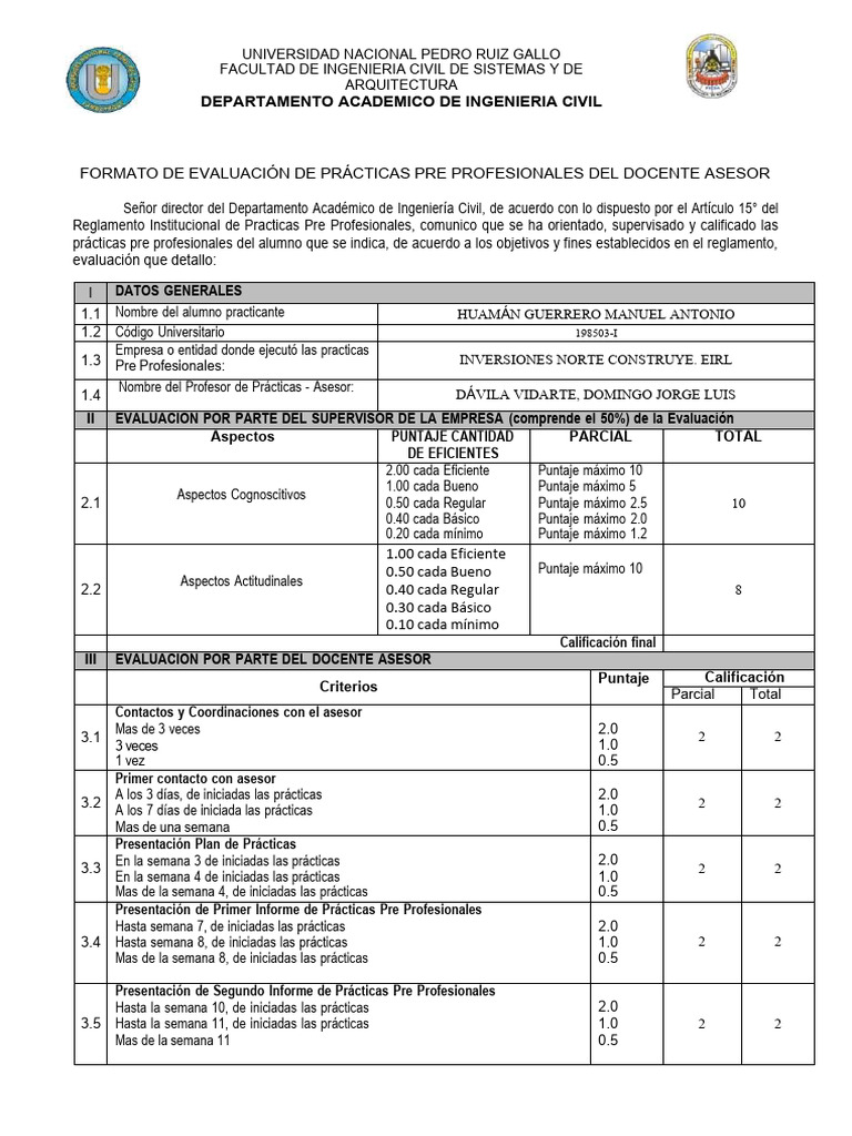 f2. Evaluacion Del Docente Asesor de PPP - Huaman Guerrero Manuel Antonio 2025docx | PDF