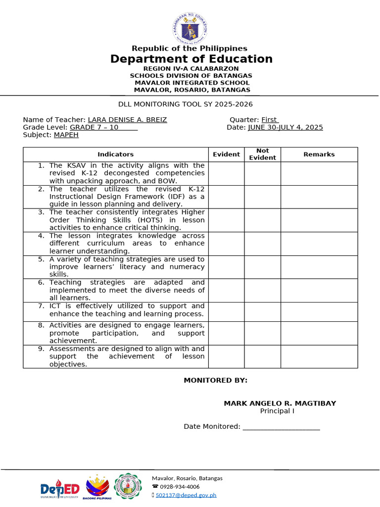 DLL Monitoring Form 2025 2026 | PDF