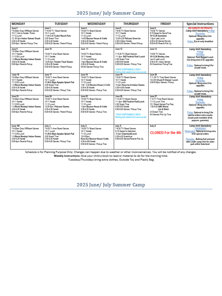 (Revised Final) June 2025 Summer Camp Schedule | PDF