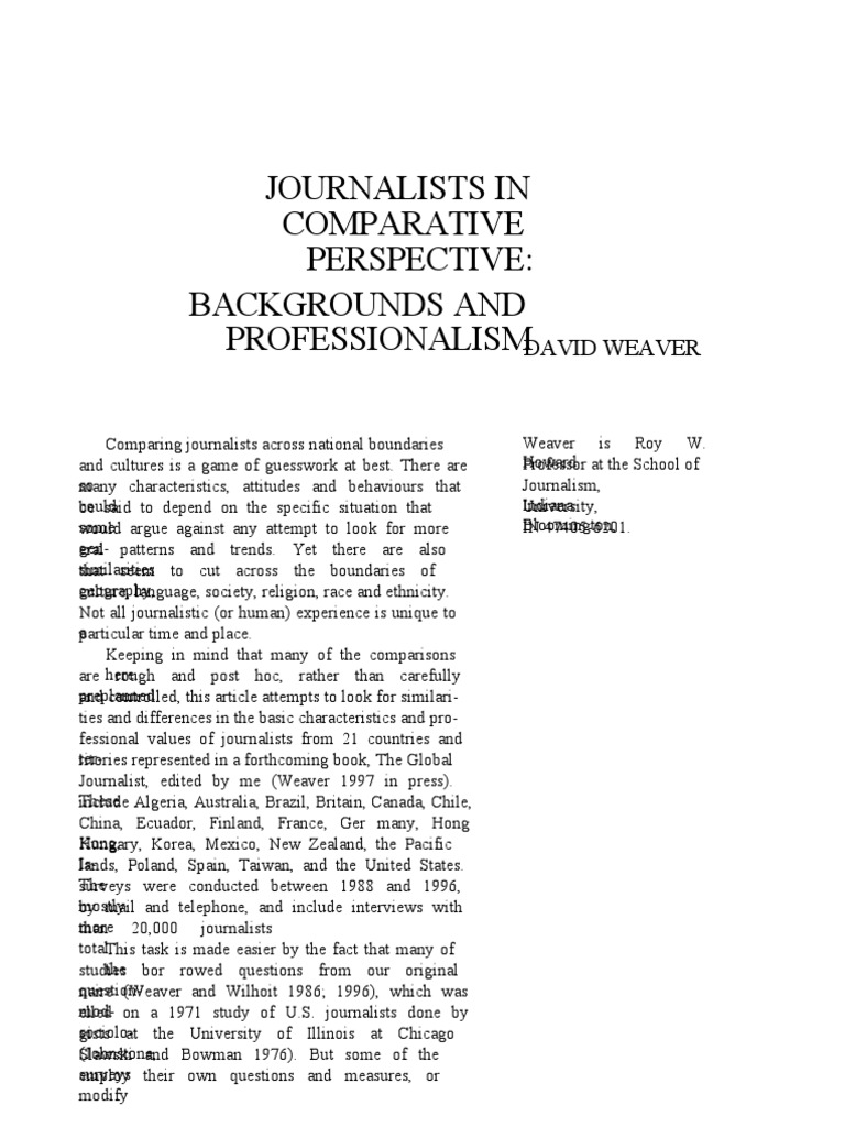 Journalists in Comparative Perspective: Backgrounds and Professionalism ...