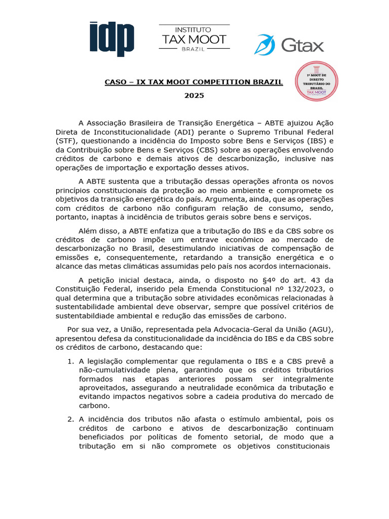 Caso IX Tax Moot Competition Brazil - Atualizado | PDF | Constituição ...