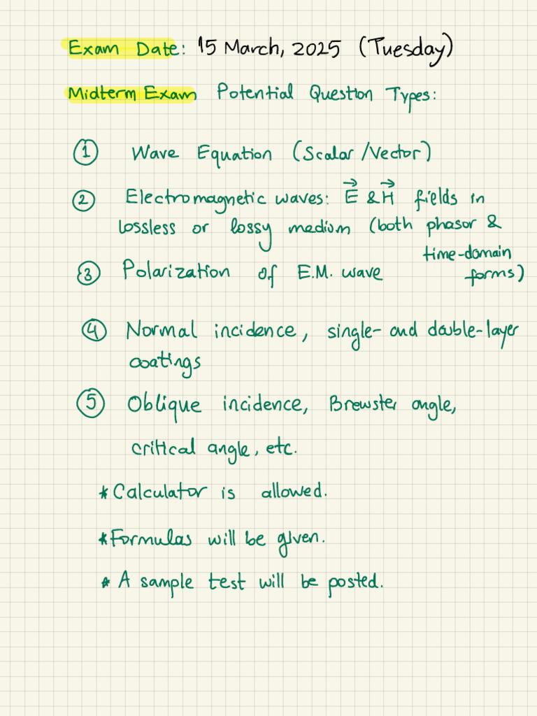 Midterm Exam Guide: Wave Equations & EM Waves | PDF