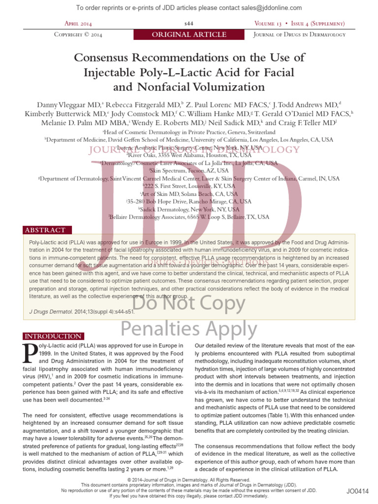 PLLA Injection Guidelines for Aesthetic Use | PDF | Injection (Medicine ...