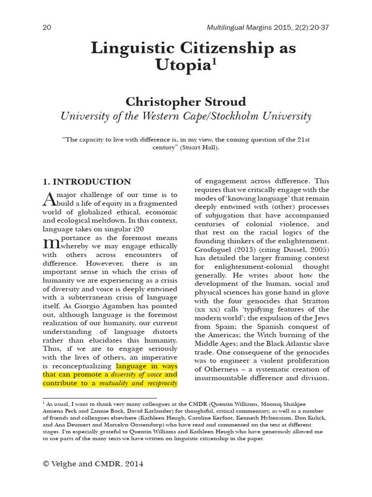 Stroud (2015) Linguistic Citizenship As Utopia | PDF | Multilingualism | Race (Human Categorization)