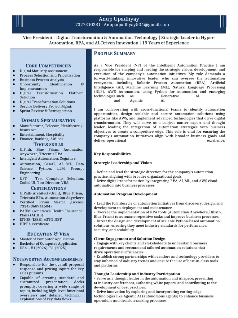 Anup Upadhyay - Vice President - Automation & Digital Transformation (RPA) | PDF | Artificial ...