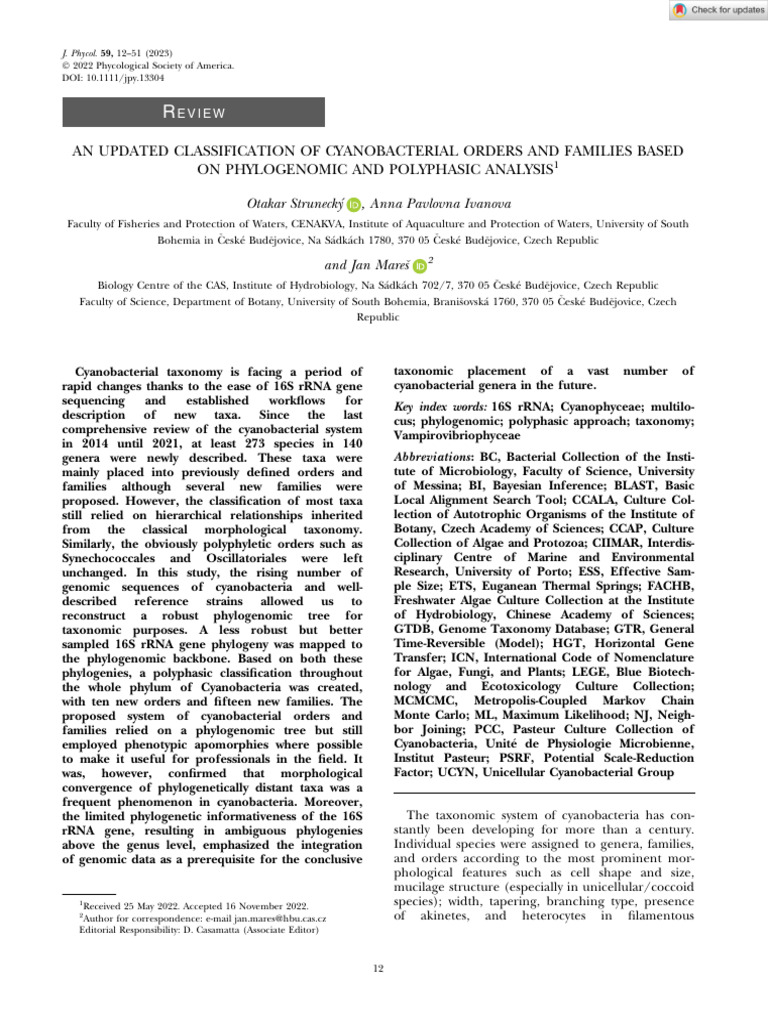 Strunecký, Etal, 2023 Cyanobacterial Class | PDF | Phylogenetics | 16 S Ribosomal Rna