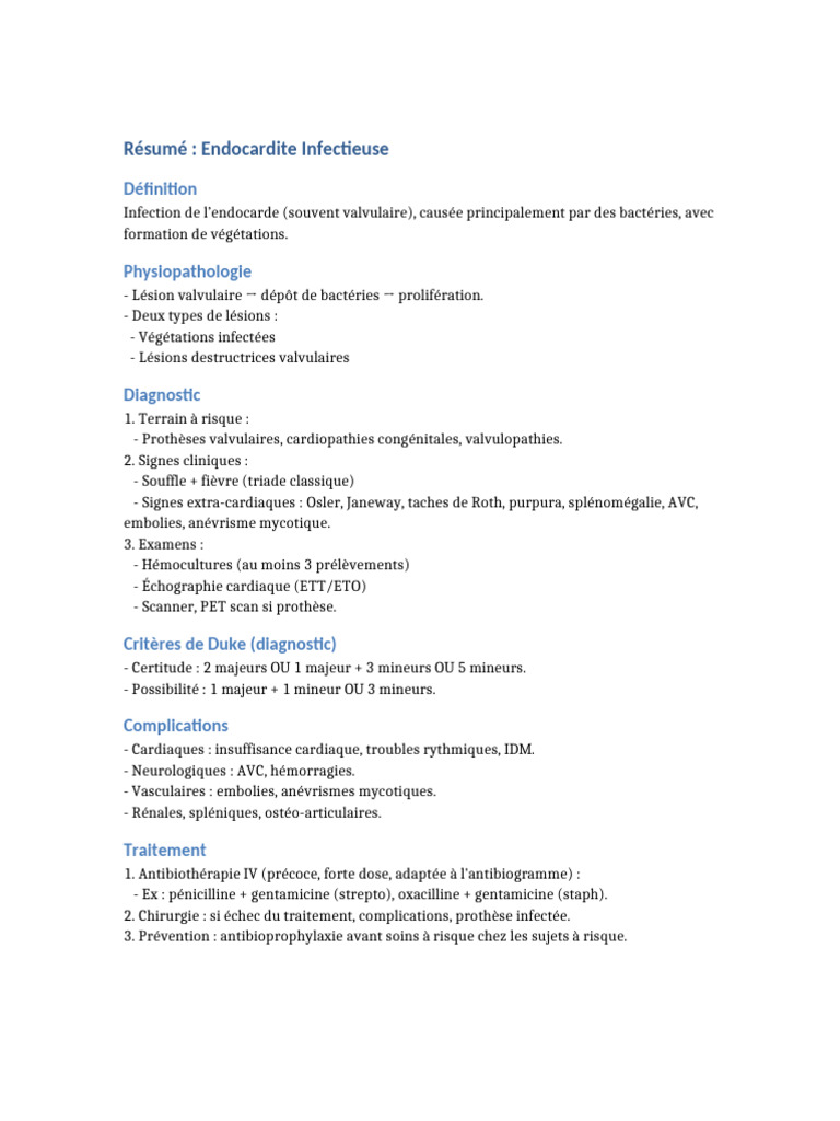 Endocardite Infectieuse : Diagnostic et Traitement | PDF