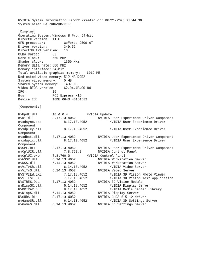NVIDIA System Info for GeForce 9500 GT | PDF