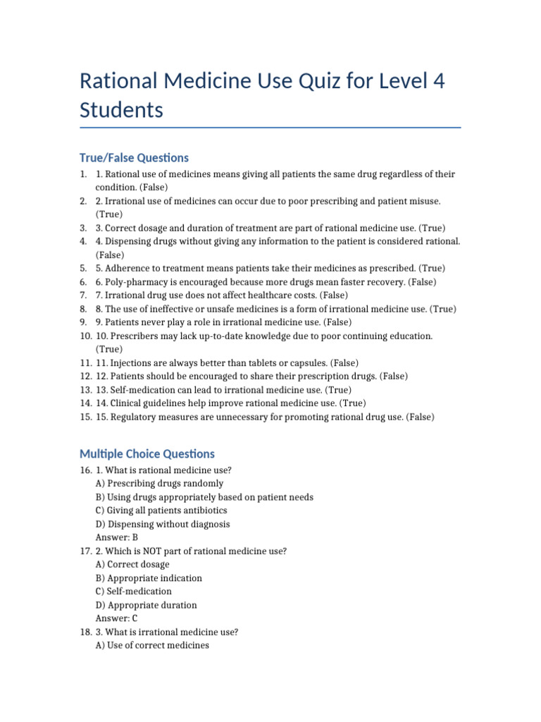 Rational Medicine Use Quiz for Students | PDF | Pharmacy | Tablet ...