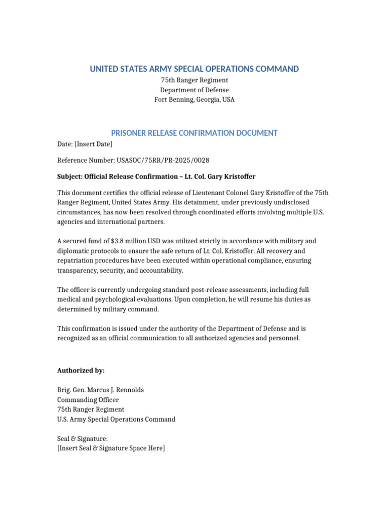 Updated Prisoner Release Confirmation LtCol Gary Kristoffer | PDF