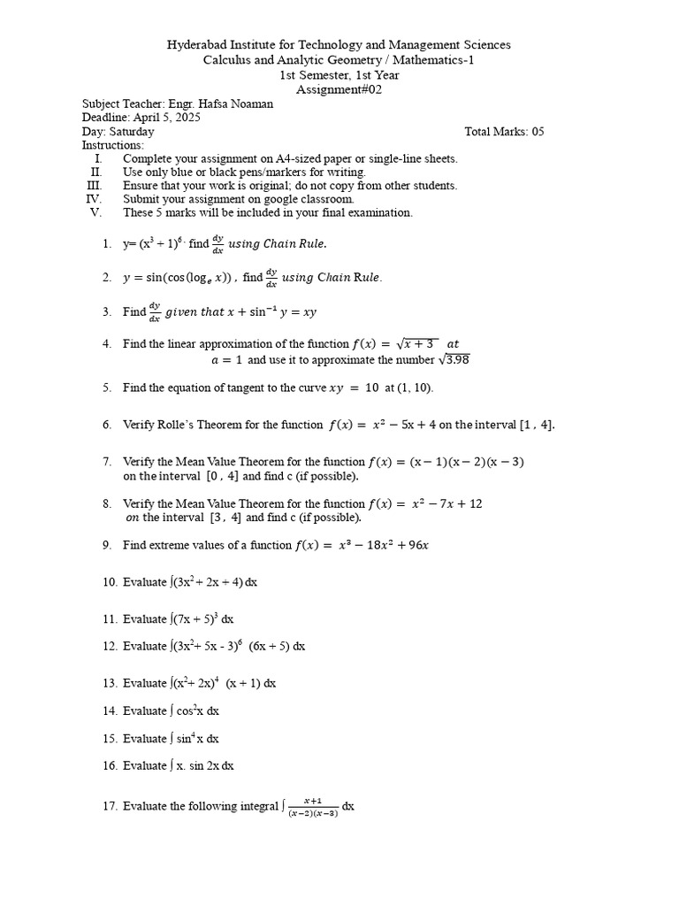 Calculus Assignment for 1st Semester | PDF | Analytic Geometry ...