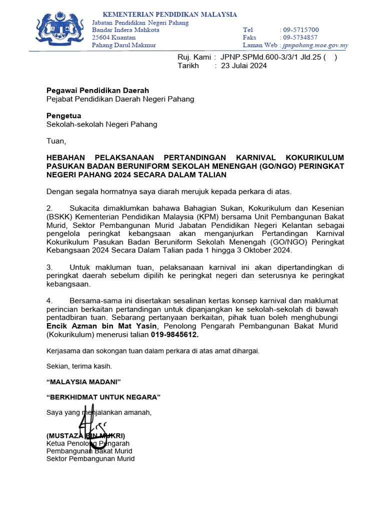 Surat Hebahan Karnival PBB SM Peringkat Negeri Pahang 2024 | PDF