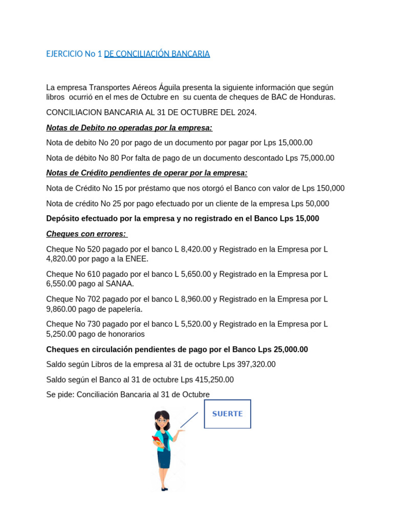 EJERCICIO No 1 DE CONCILIACIÓN BANCARIA | PDF
