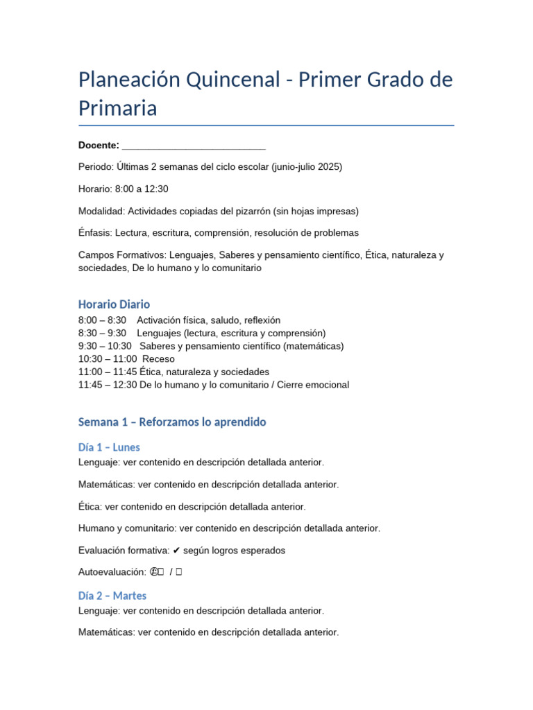 Planeación Quincenal Primer Grado 2025 | PDF | Aprendizaje | Cognición