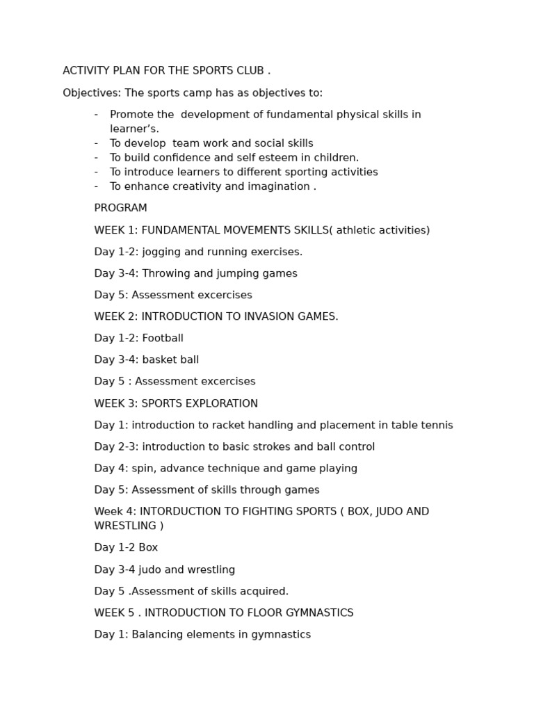 Sports Club Activity Plan Overview | PDF