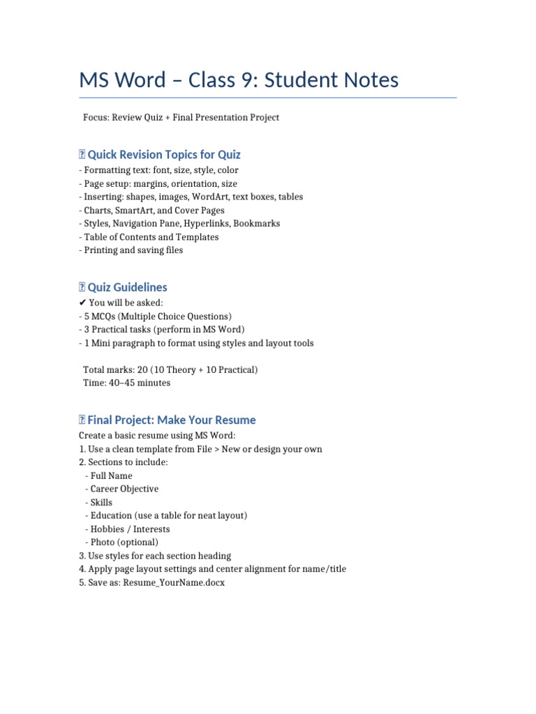 MS Word Class9 Student Notes | PDF
