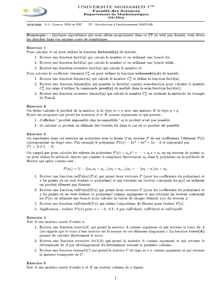 Exercices Corrigés Matlab 2019 2020 | PDF