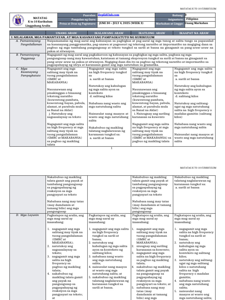 DLL Matatag - Filipino 3 - Q1 - W3 | PDF