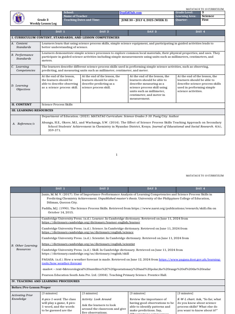 DLL Matatag - Science 3 - Q1 - W3 | PDF | Science | Curriculum