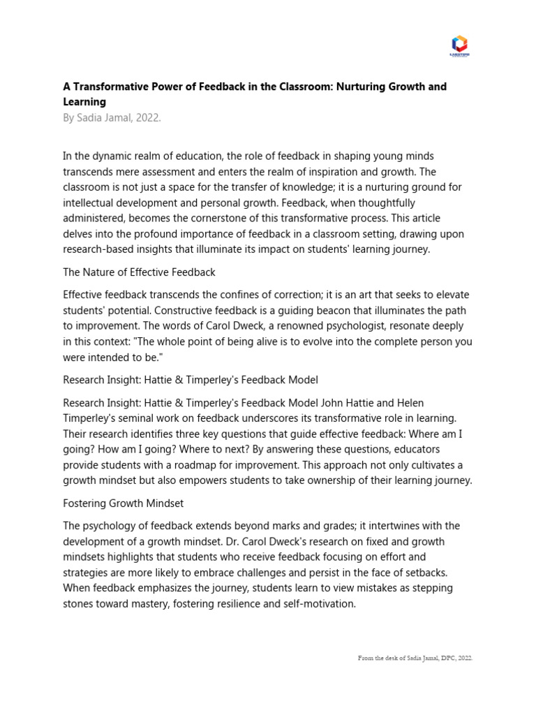 A Transformative Power of Feedback in The Classroom | PDF | Mindset ...