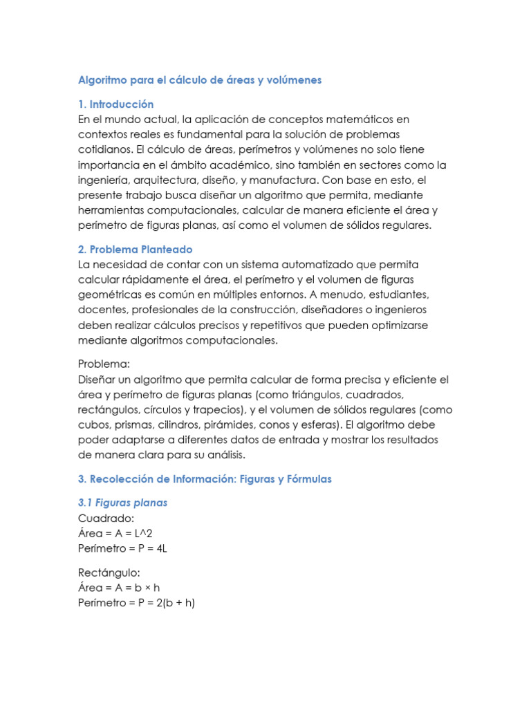 Algoritmo Calculo Areas Volumenes | PDF | Volumen | Algoritmos