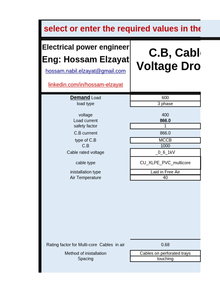 CB, Cable Sizing and Voltage Drop Calculation - Zayat | PDF | Electricity | Electrical Engineering