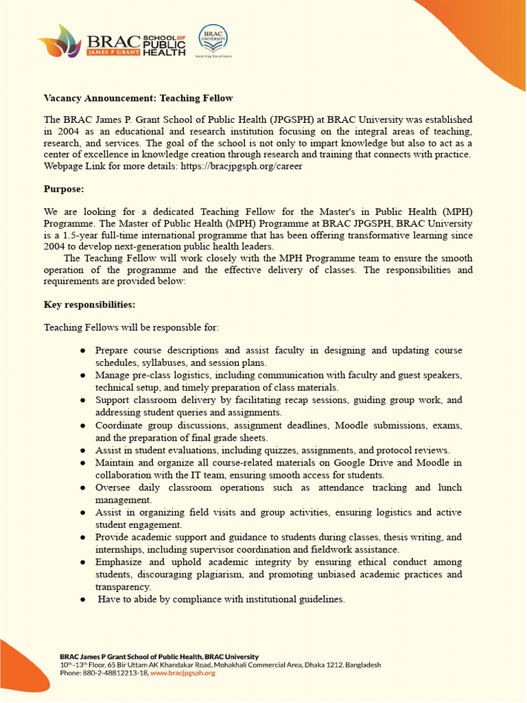 Teaching Fellow Vacancy at BRAC University | PDF | Learning