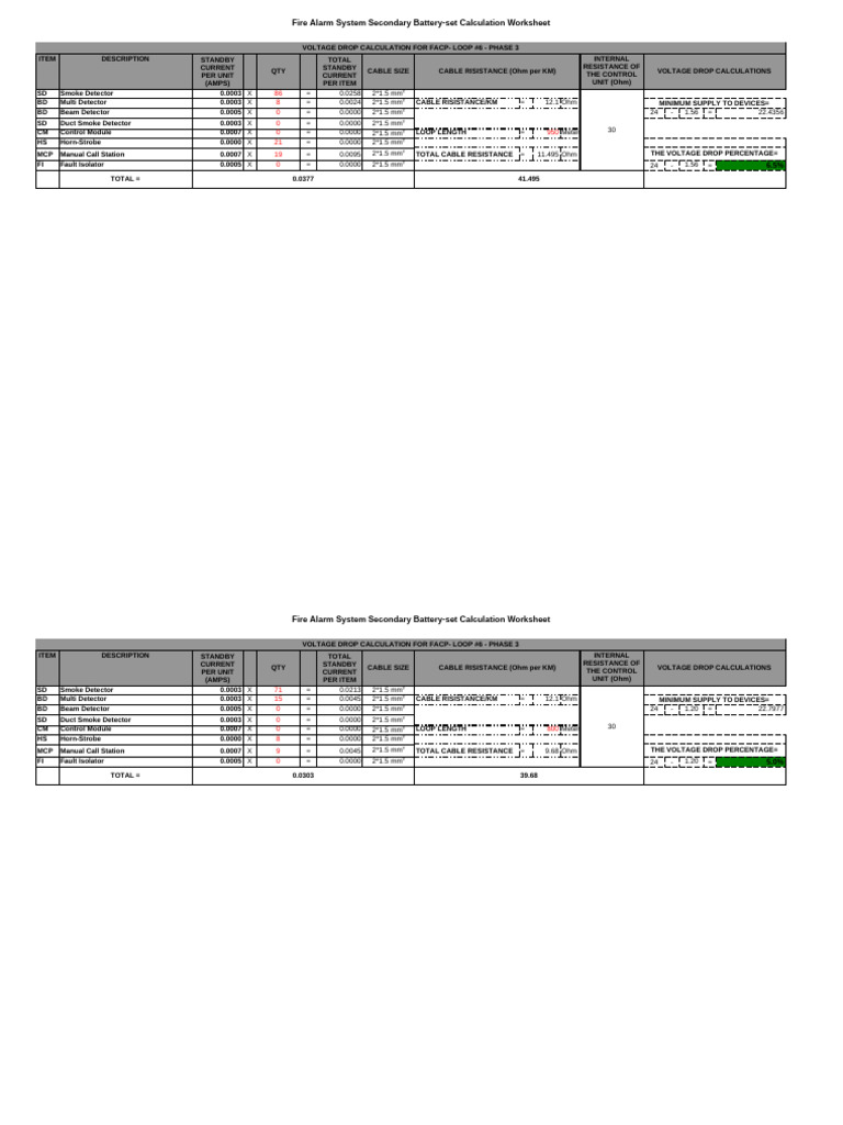 Fire Alarm Battery Calculation and Voltage Drope (RV 00) | PDF ...