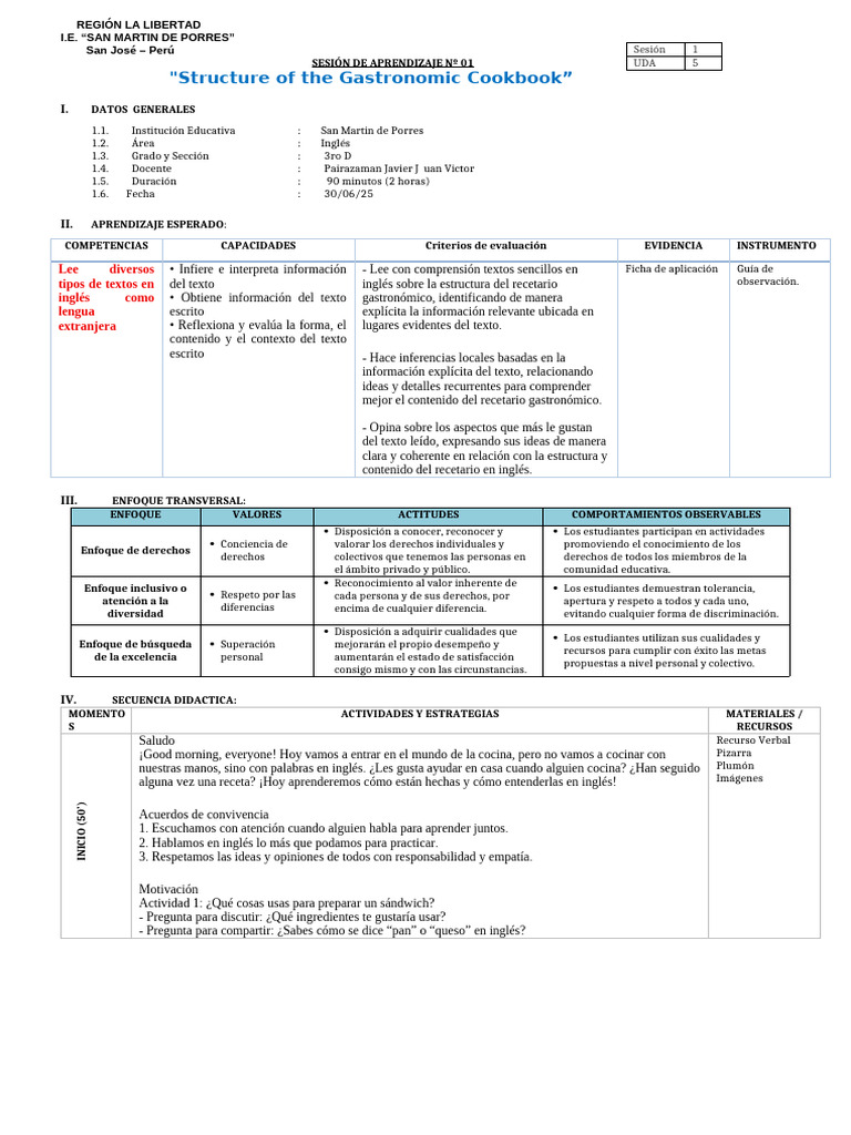 Sesión de Aprendizaje Ingles | PDF