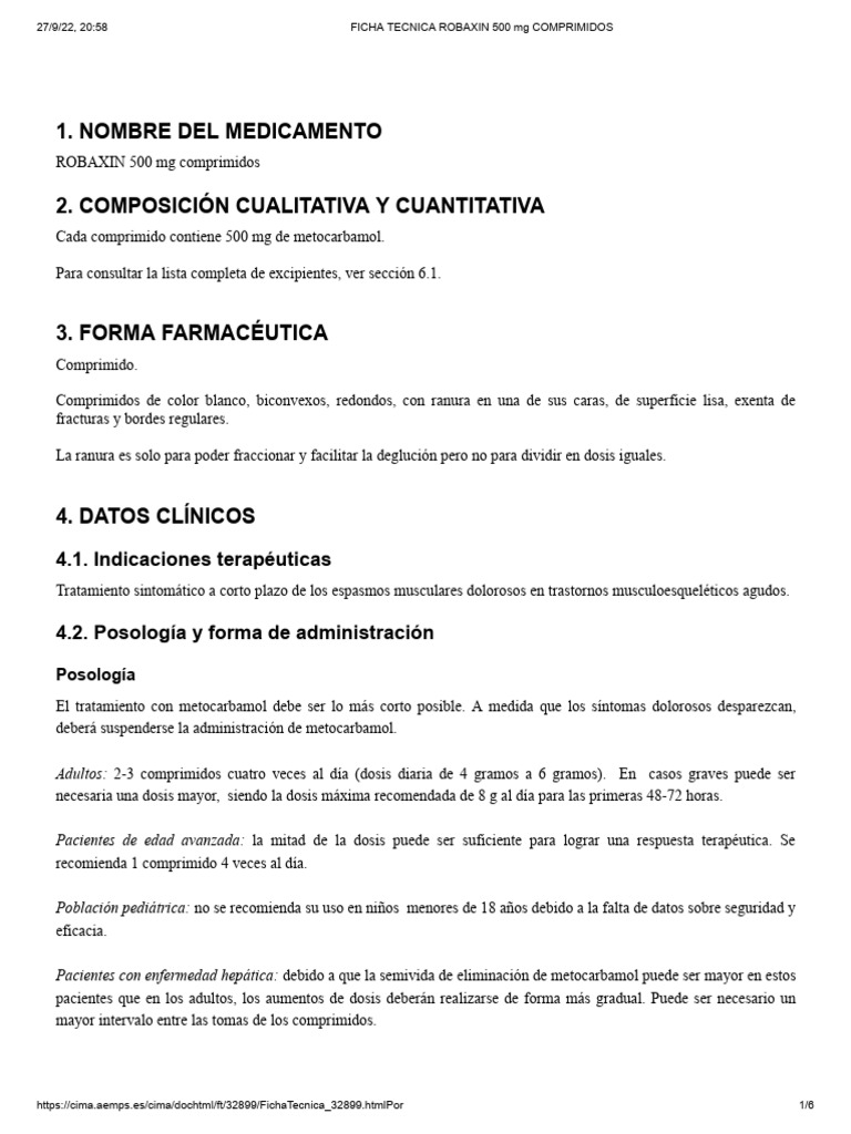 Ficha Tecnica Robaxin 500 MG Comprimidos | PDF | El embarazo ...