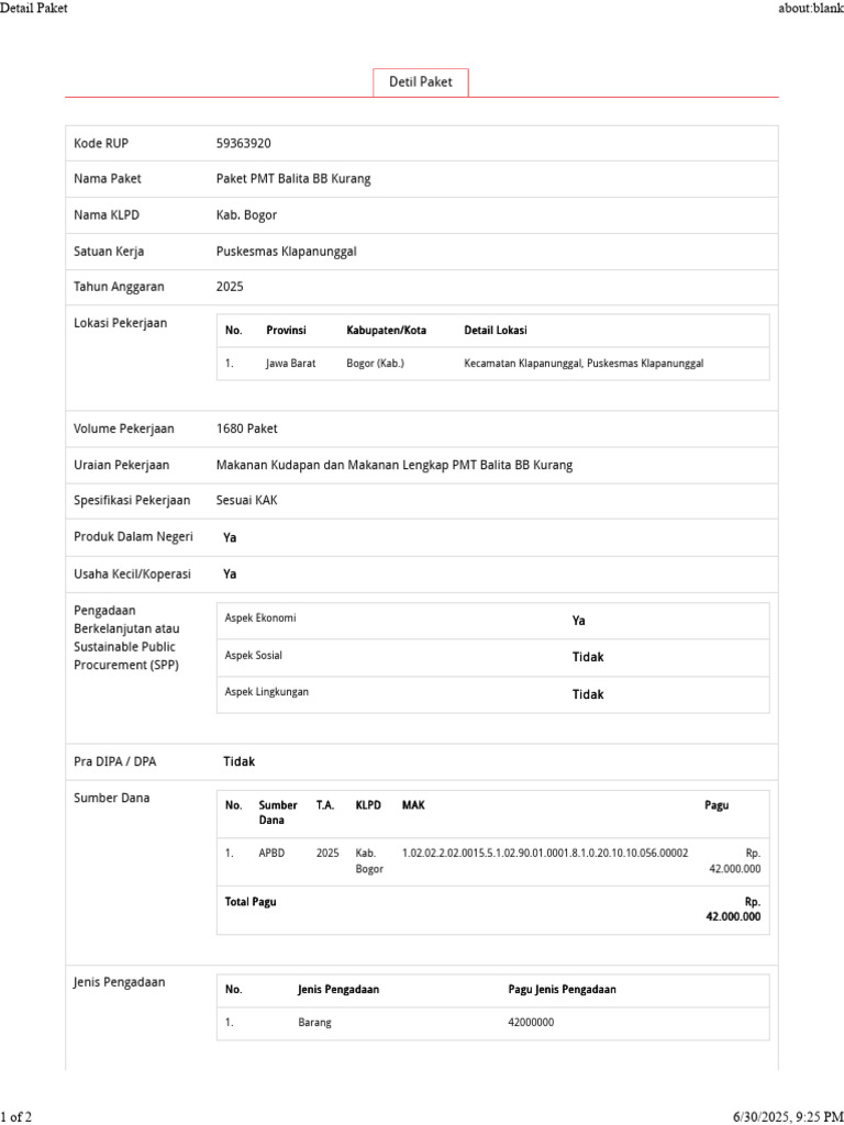 Paket PMT Balita BB Kurang 2025 Bogor | PDF
