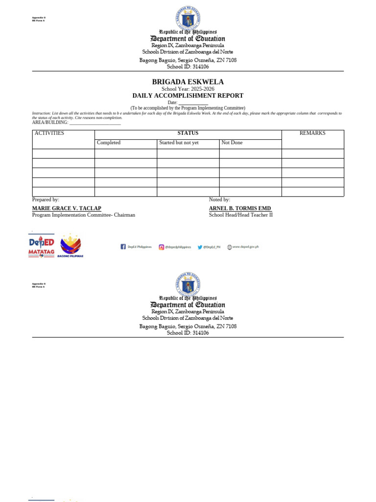 BE FORM 6-Daily Accomplishment Report | PDF | Philippines