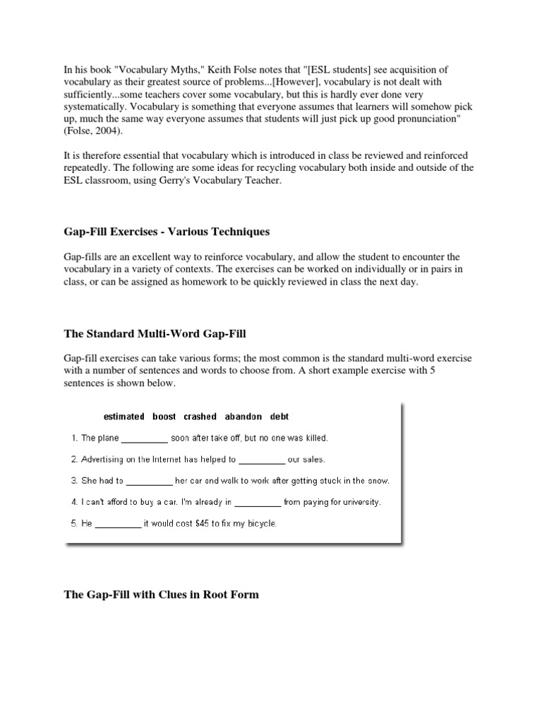 Gap-Fill Exercises - Various Techniques | PDF | Vocabulary | English ...