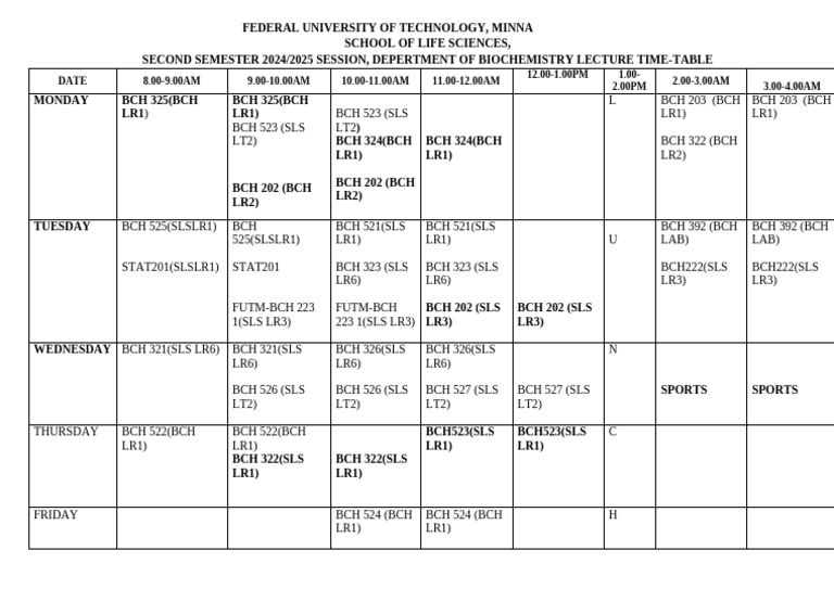 2nd SEMESTER BCH LECTURE TIME TABLE | PDF