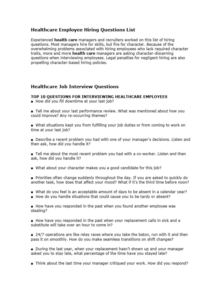 Essential Healthcare Interview Questions | PDF