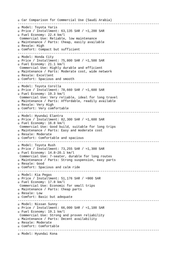 Car Comparison for Saudi Arabia 2024 | PDF | Fuel Economy In ...