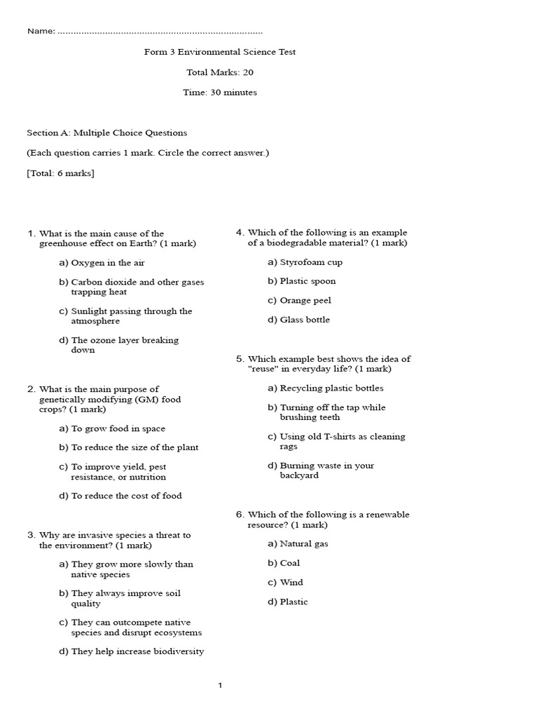 Environmental Science Test | PDF | Plastic | Atmosphere Of Earth