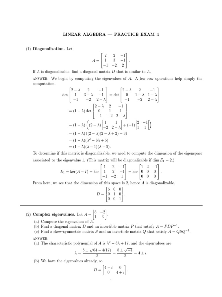Linear Algebra Practice Exam 4 | PDF | Eigenvalues And Eigenvectors ...