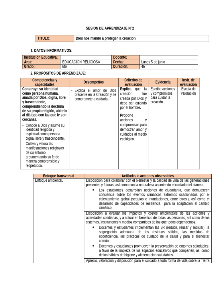 Sesión de Aprendizaje Dios Nos Manda Proteger La Creación | PDF | Narrativa de la creación del ...