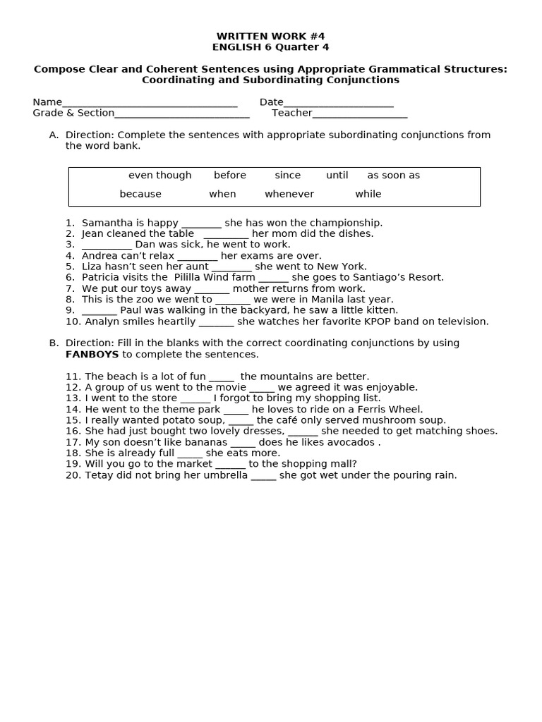 Q4 - WRITTEN WORK #4 Coordinating & Subordinating Conjunctions | PDF