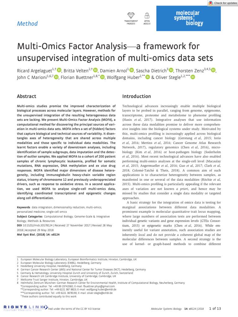 Multi Omics Factor Analysis A Framework For Unsupervised Integration of Multi Omics Data Sets ...