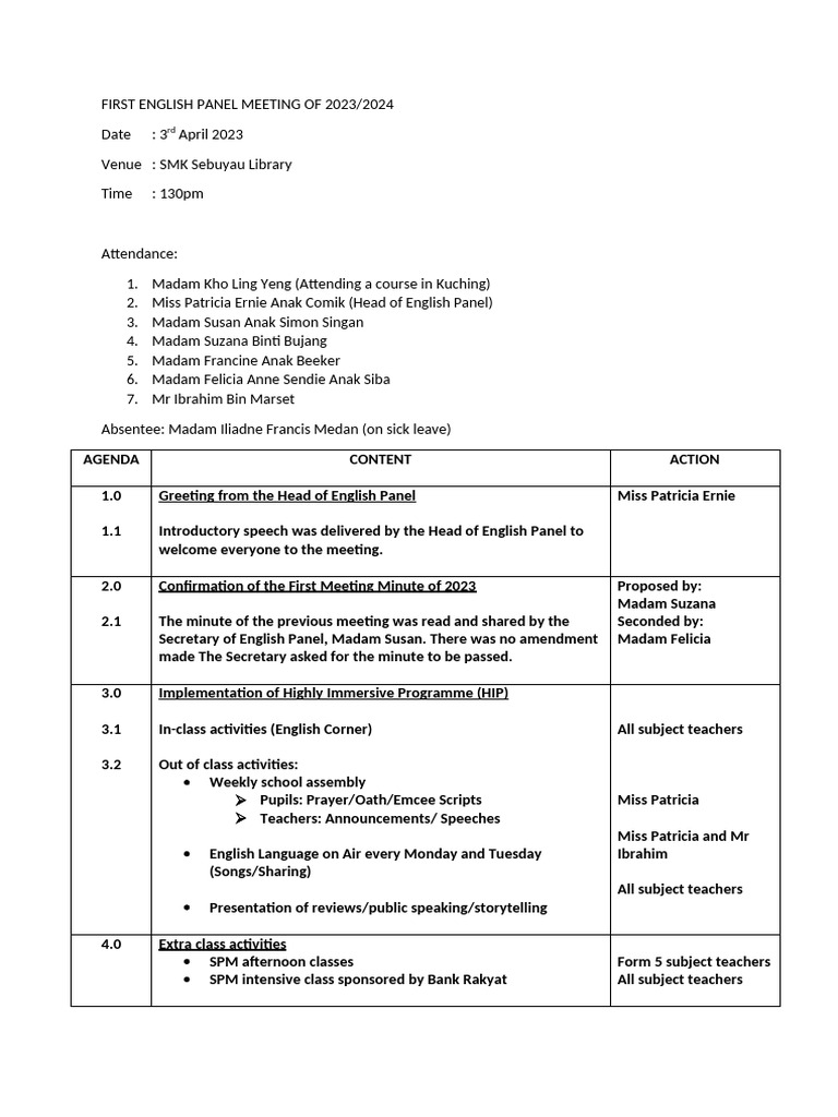 First English Panel Meeting of 2023 | PDF | Lesson Plan | Teaching