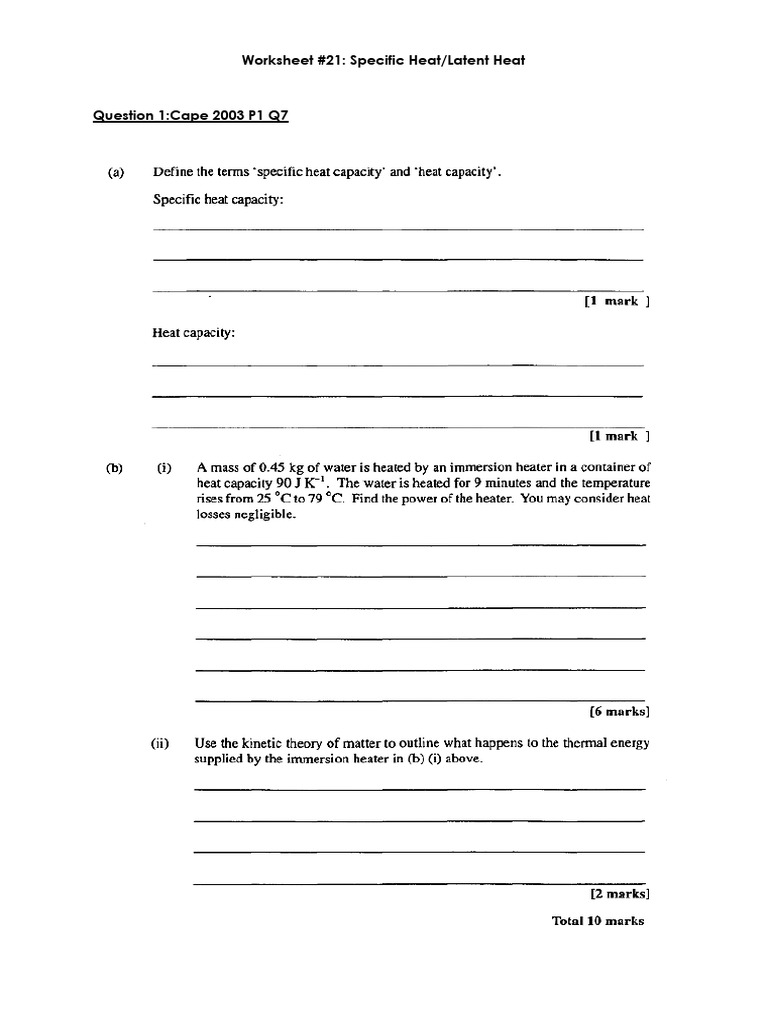 Worksheet #21 Specific Heat Latent Heat 22 | PDF