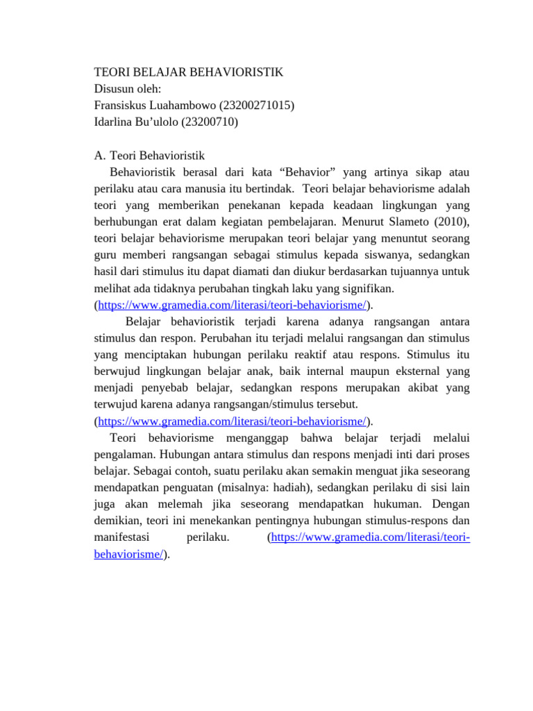 Teori Belajar Behavioristik | PDF
