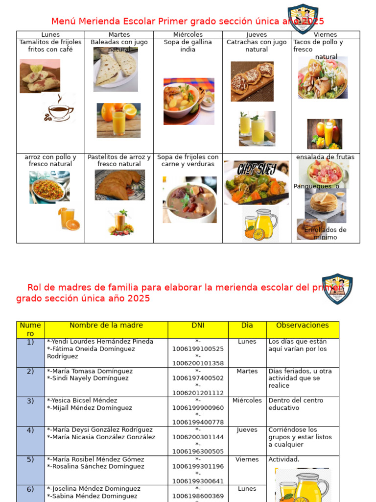 Menú Merienda Escolar Primer Grado Sección Única Año 2025 | PDF ...